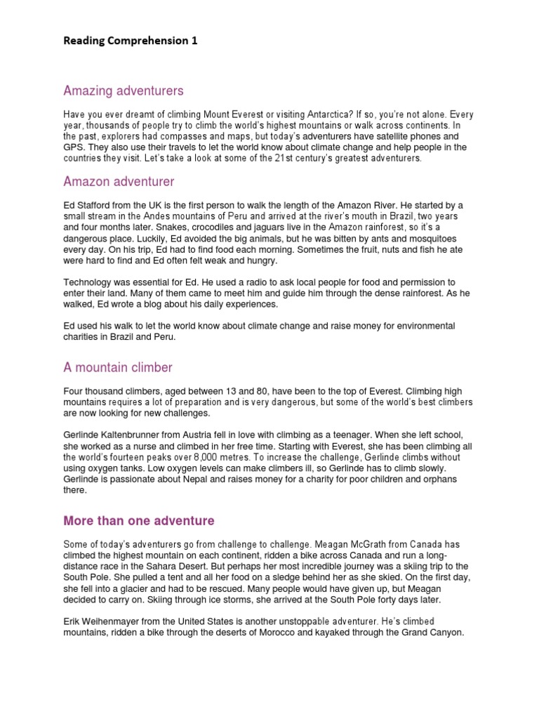 Amazing Adventurers Reading Comprehension 1 | PDF | Mount Everest ...
