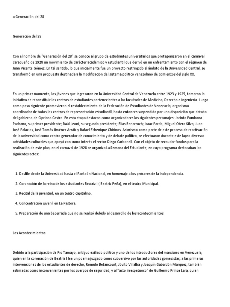 A Generación Del 28 | PDF | Venezuela | Política de venezuela