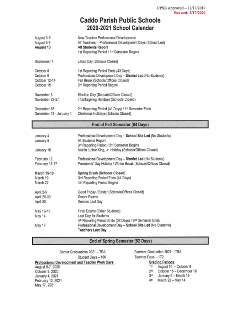 Caddo School District Calendar For The 2020-21 Academic Year (Last ...