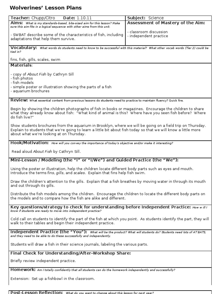 First Grade Science Lesson Plan - Fish - Chupp | PDF | Fish | Lesson Plan