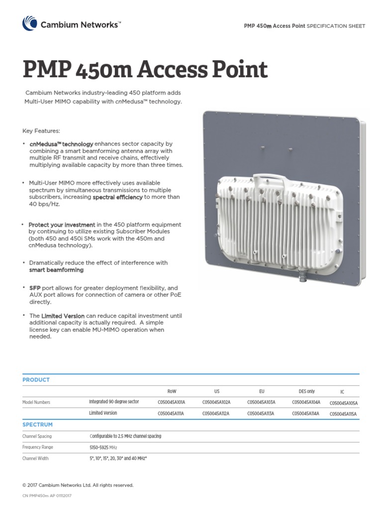 PMP 450M Access Point Specification Sheet | PDF | Mimo | Networking Standards