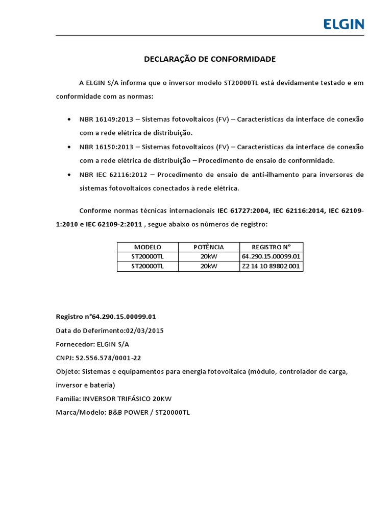 Declaração de Conformidade | PDF