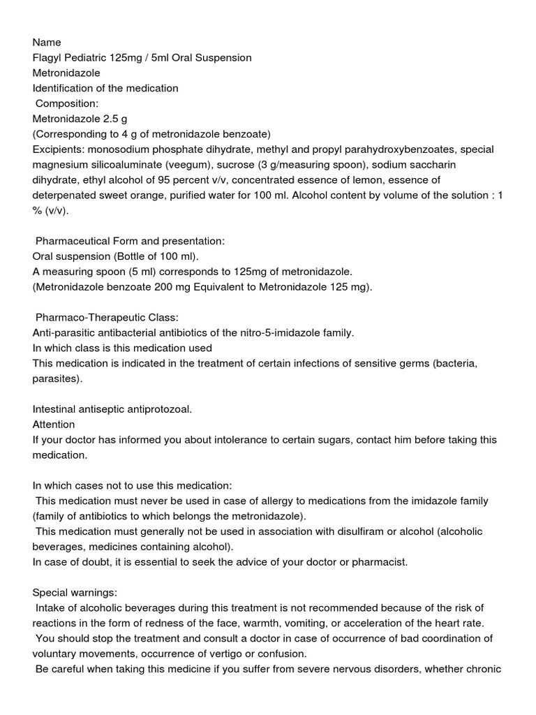 Flagyl Pediatric 125mg 5ml Oral Suspension PDF | PDF | Dose ...