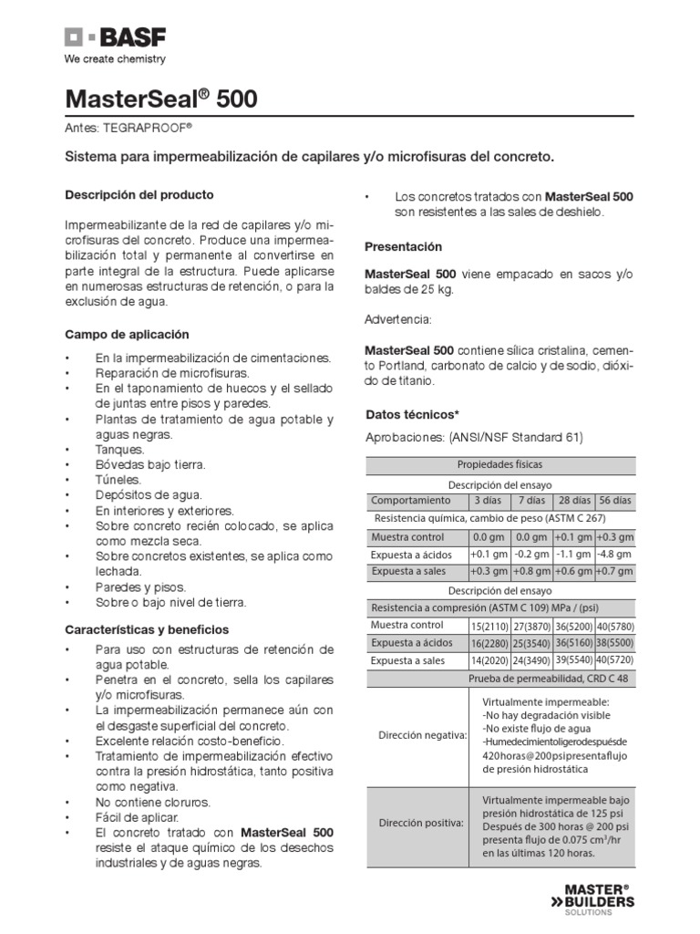 Basf Masterseal 500 Tds | PDF | Hormigón | Permeabilidad (Ciencias de ...