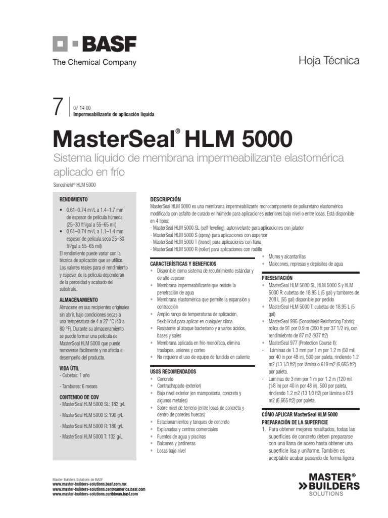 Basf Masterseal HLM 5000 Tds PDF | PDF | Hormigón | Agua