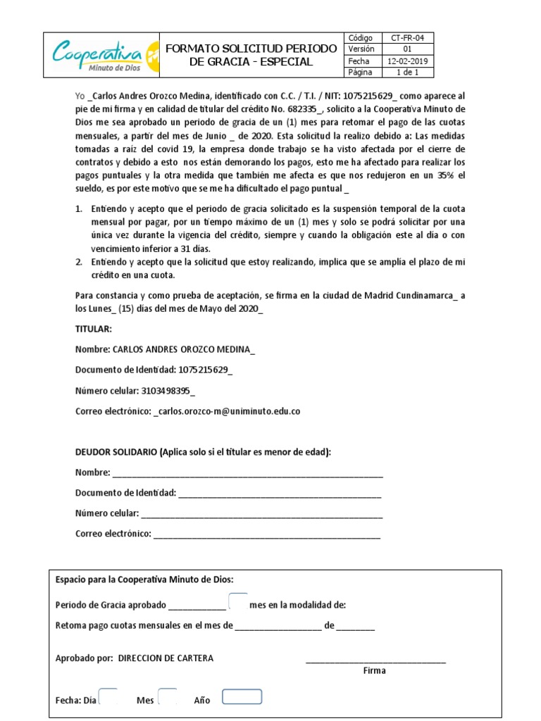 CT-FR-04 Formato Solicitud Periodo de Gracia - Especial08-04-2020 - 8 - 52 - 40 | PDF | Business