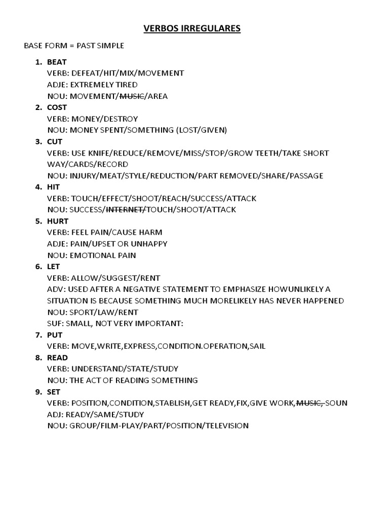 Verbos Irregulares: 1. Beat | PDF