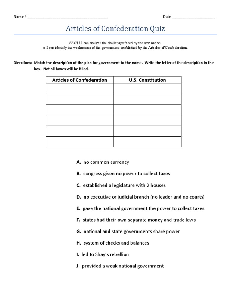 Articles of Confederation Quiz | PDF | Politics