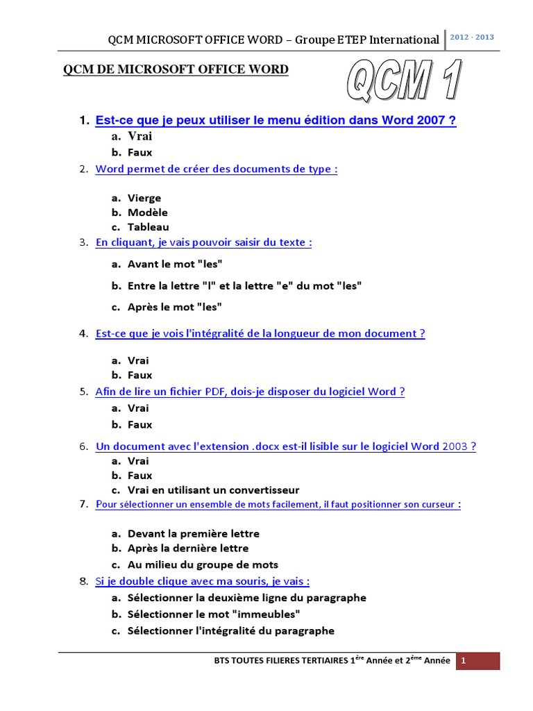 QCM Excel 2007 Level 1 A | PDF | Microsoft Word | Microsoft Office