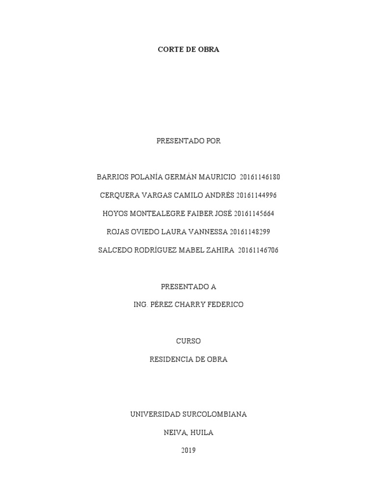 Corte de Obra para Actividad de Fundición de Cimientos | PDF ...