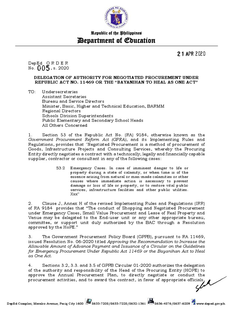 DepEd Order - Emergency Procurement - Field Offices-Signed | PDF ...