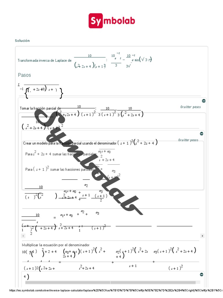 Laplace (10) - ( (S 2+2s+4) (s+1) 2) - Calculadora para Transformadas Inversas de Laplace ...