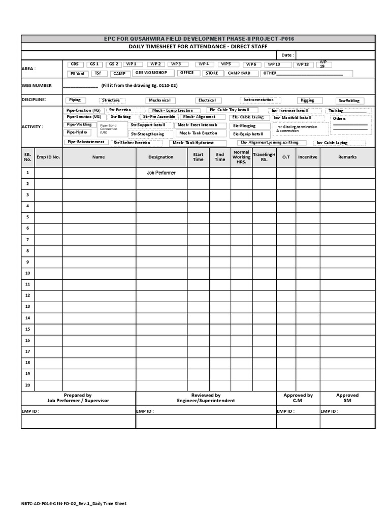Daily Timesheet For Attendance - Direct Staff: Epc For Qusahwira Field ...