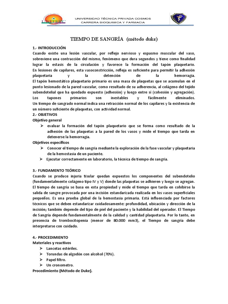 TIEMPO DE SANGRÍA Metodo Duke | PDF | Hemostasia | Plaqueta