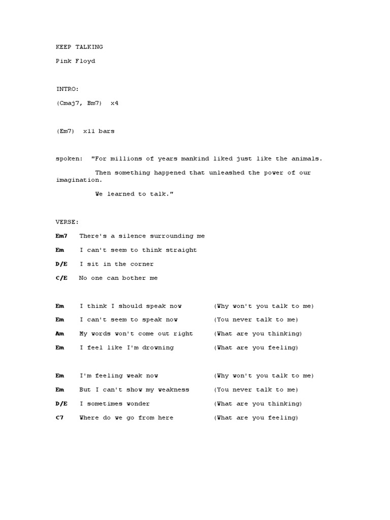Pink Floyd's "Keep Talking" Lyrics | PDF | Language Arts & Discipline ...