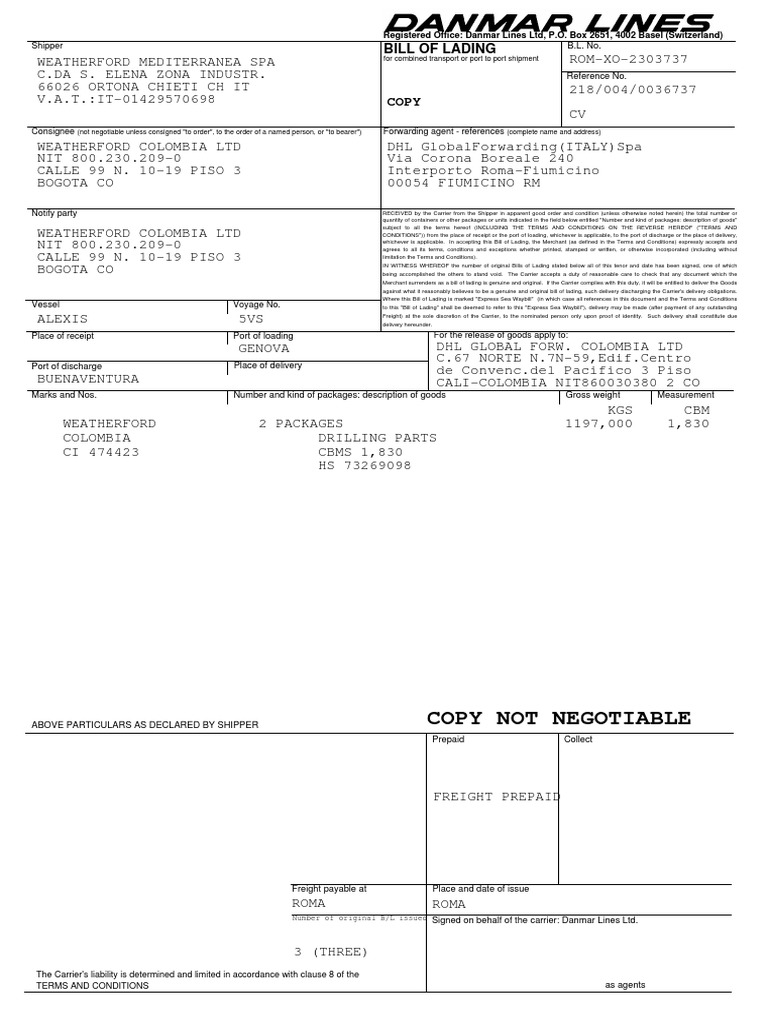 Danmar Lines Bill of Lading Details | PDF | Bill Of Lading | Indemnity
