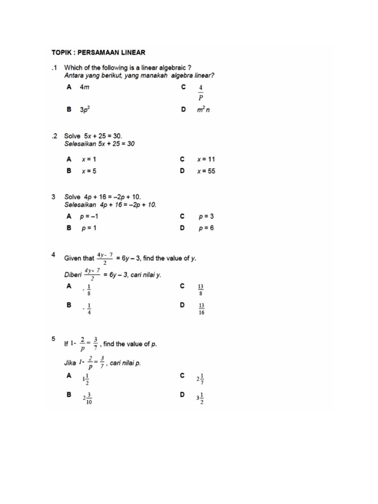 Latihan Linear, Kuadratik Dan Rumus Algebra | PDF