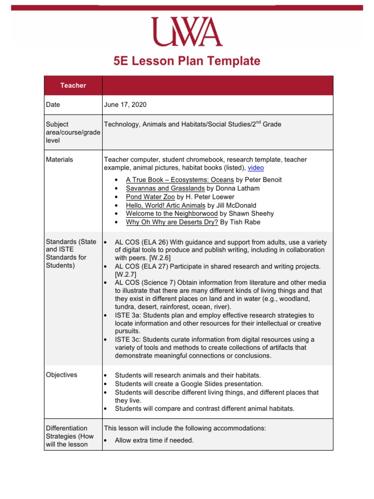 5E Lesson Plan: Animal Habitats | PDF | Educational Assessment | Teachers