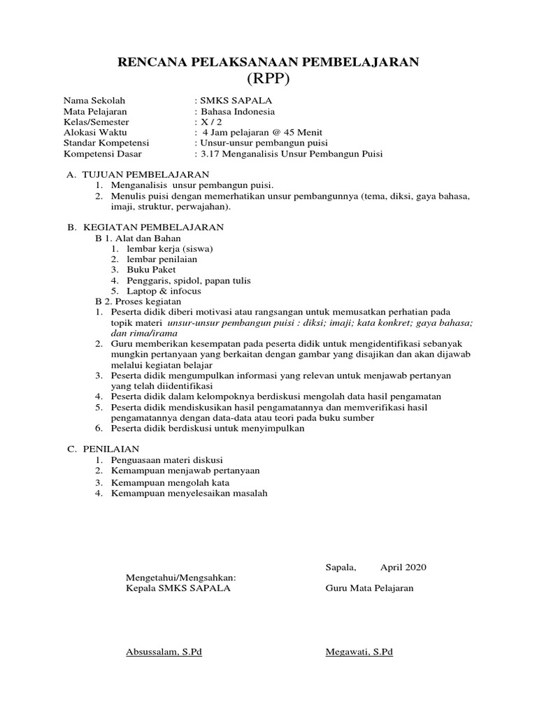 Contoh RPP Satu Halaman | PDF