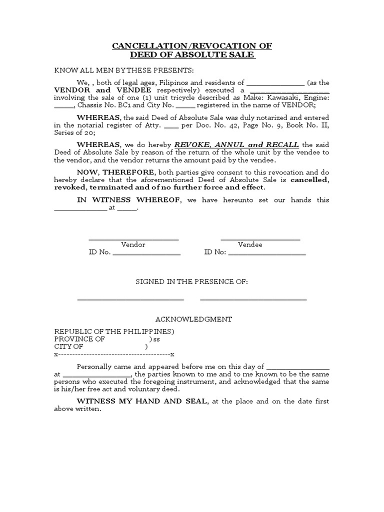 Cancellation/Revocation of Deed of Absolute Sale | PDF