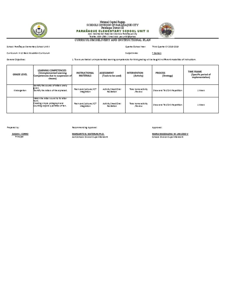 Curriculum Delivery and Instructional Plan: Paraňaque Elementary School ...