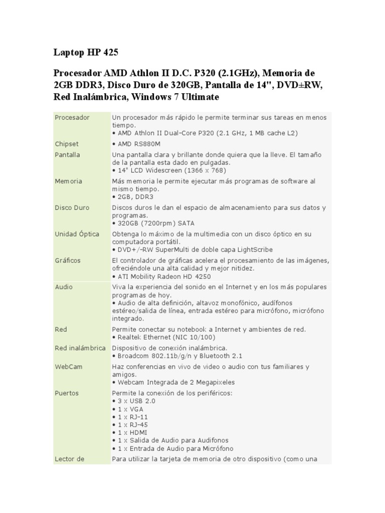 Especificaciones de la Laptop HP 425 | PDF | Microprocesador | Periférico