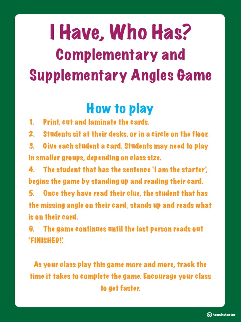Complementary and Supplementary Angles Game: I Have, Who Has? | PDF ...
