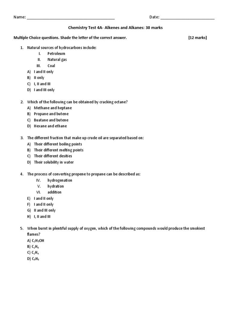 4A Alkenes and Alkanes Test | PDF | Alkane | Chemical Reactions