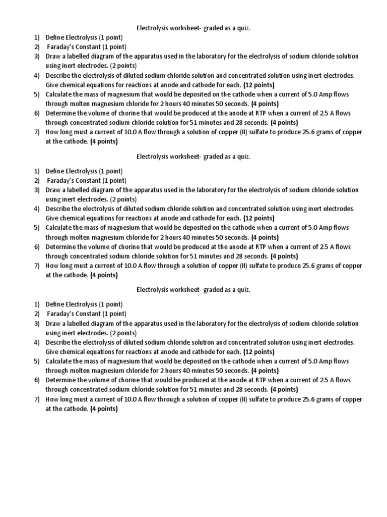 Electrolysis Worksheet | PDF | Anode | Electrode
