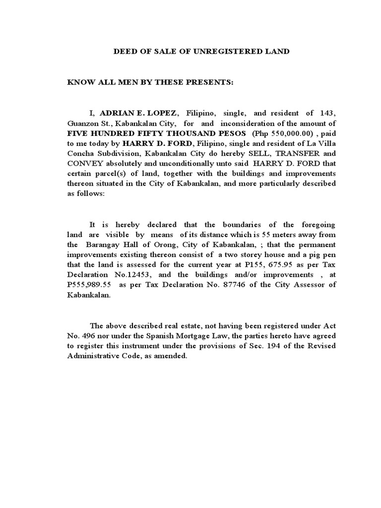 Deed of Sale of Unregistered Land | PDF | Real Estate Law | Natural ... Deed of Sale of Unregistered Land | PDF | Real Estate Law | Natural ...
