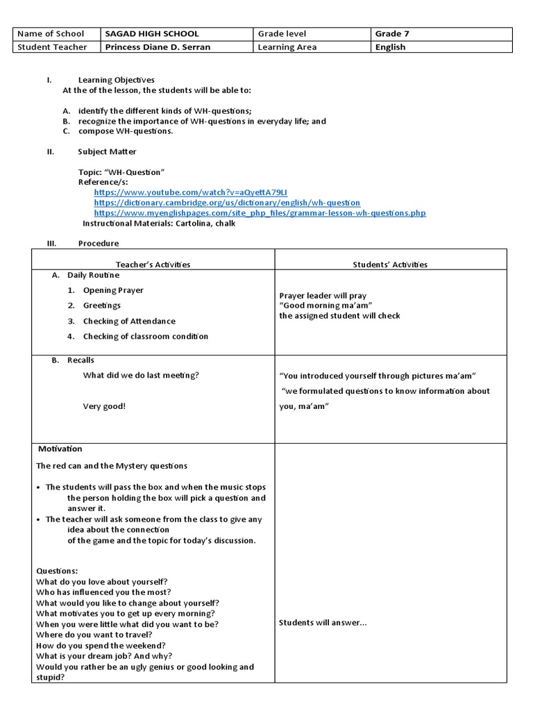 WH Questions LESSON PLAN | PDF | Question | Lesson Plan