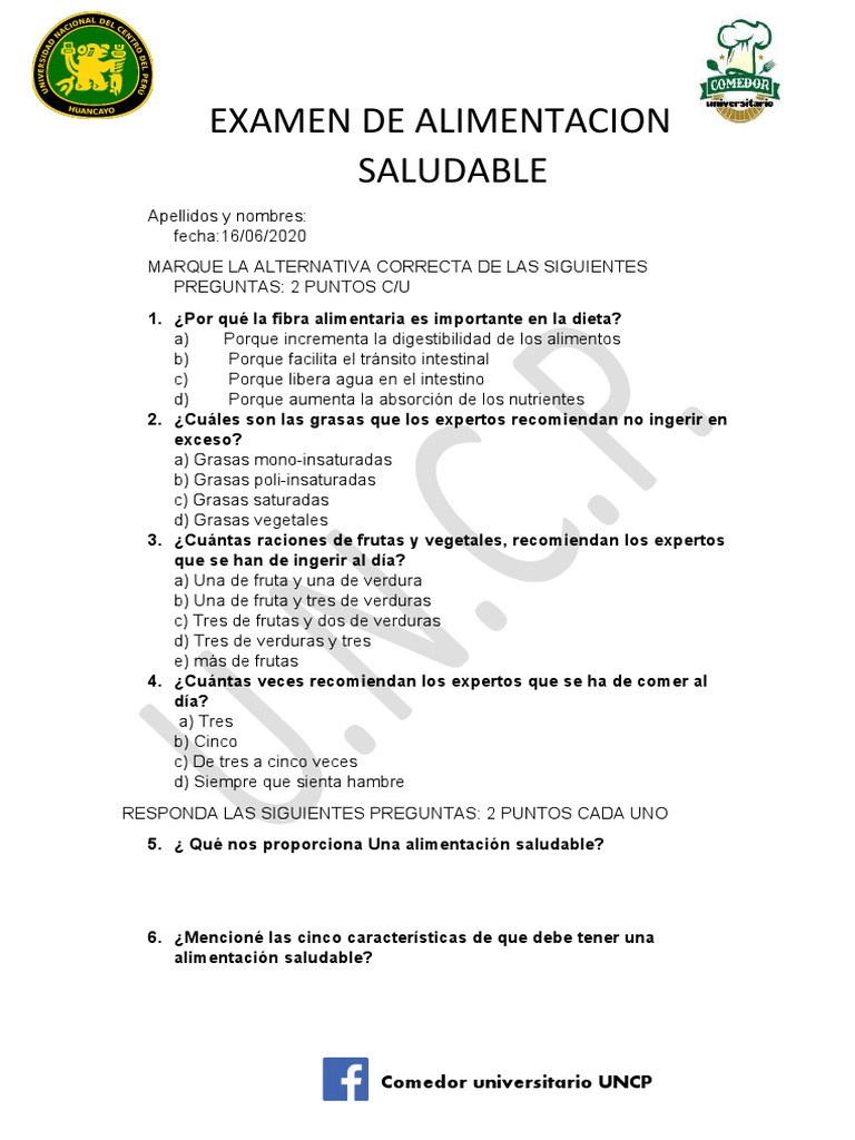 Examen de Alimentacion Saludable | PDF