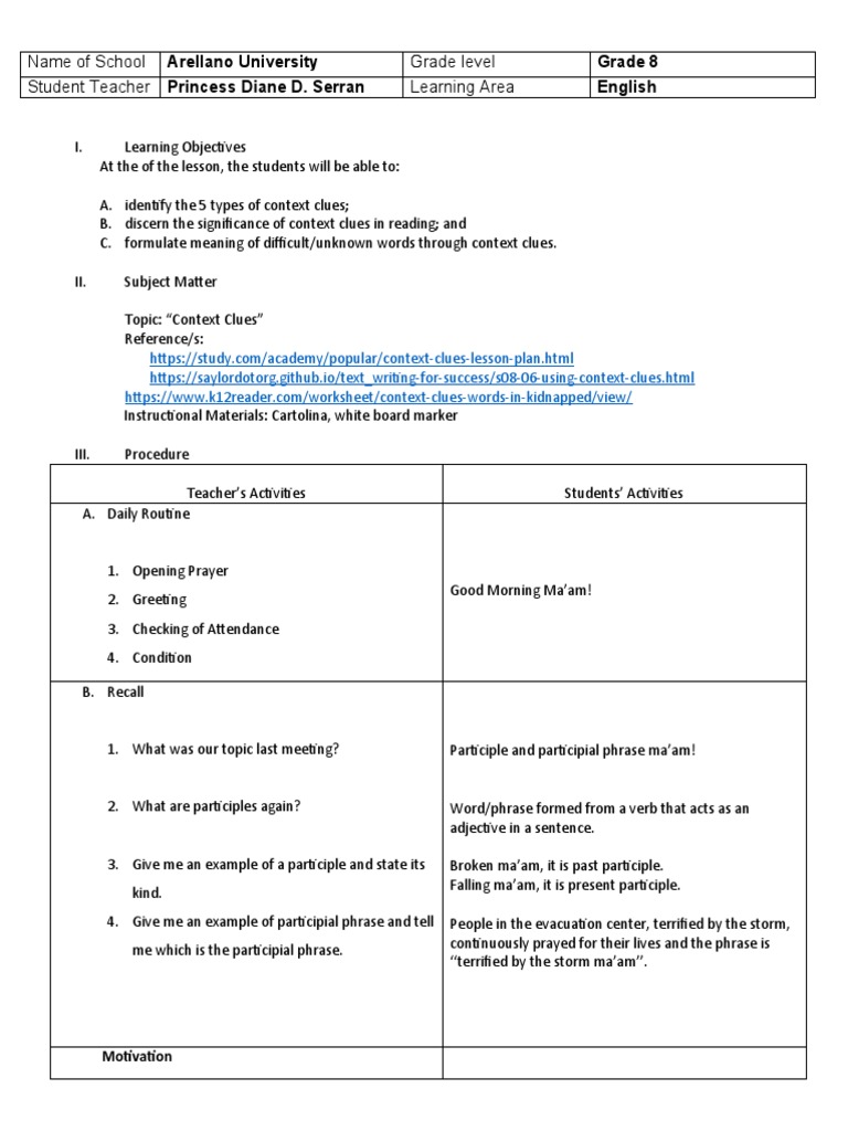 Context Clues - Lesson Plan | PDF | Bracket | Semiotics
