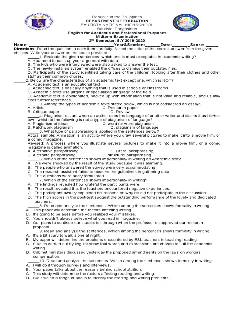 EAPP Midterm Exam | PDF | Writers | Essays