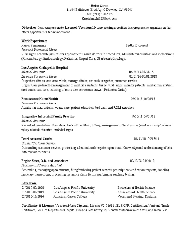Helens Resume | PDF | Nursing | Patient