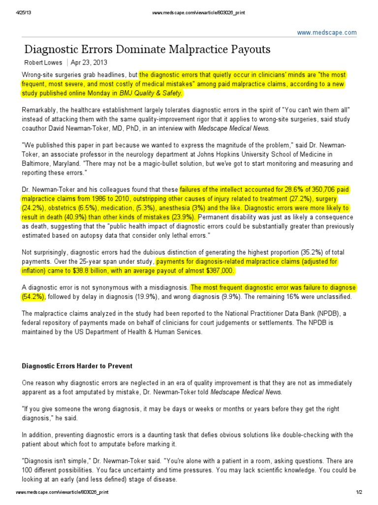 Diagnostic Errors Dominate Malpractice Payouts: Robert Lowes | PDF | Medical Diagnosis | Medical ...