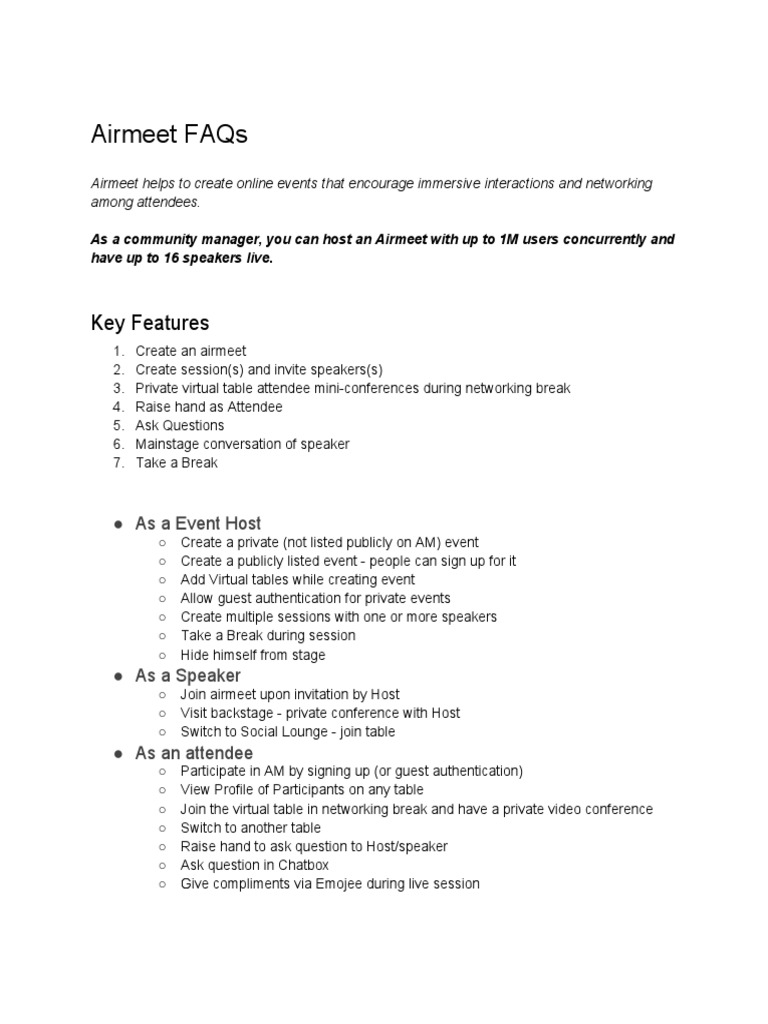 Airmeet Faqs: Key Features | Download Free PDF | Multimedia | Computing