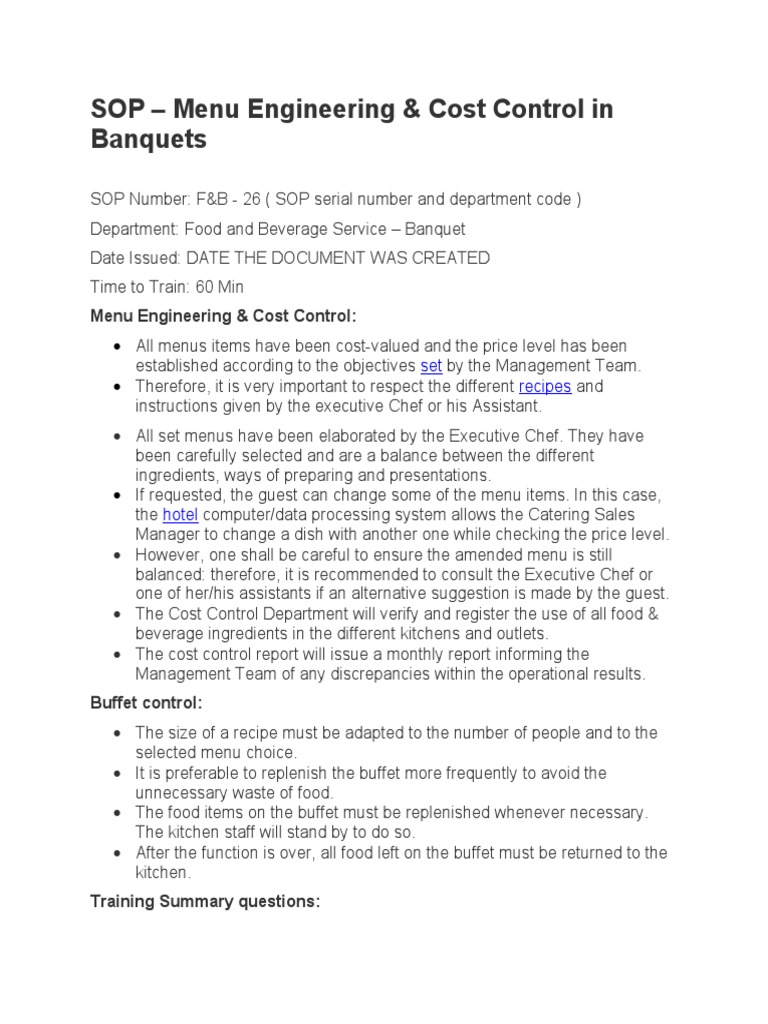 SOP - Menu Engineering & Cost Control in Banquets | PDF