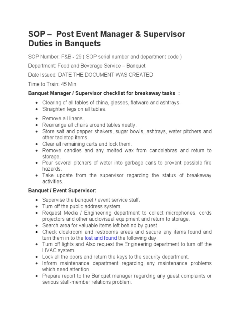SOP - Post Event Manager & Supervisor Duties in Banquets | PDF