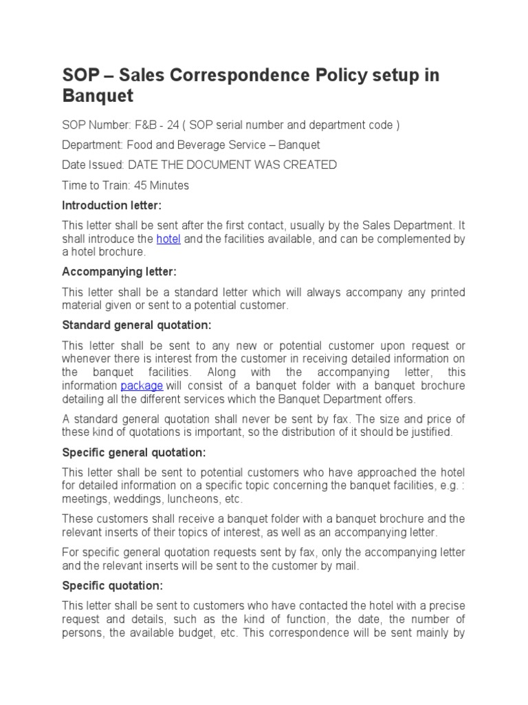 SOP - Sales Correspondence Policy Setup in Banquet: Introduction Letter ...