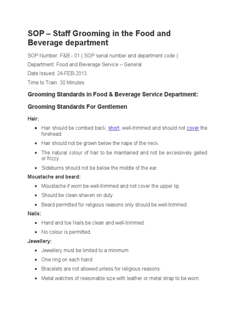 SOP - Staff Grooming in The Food and Beverage Department | PDF