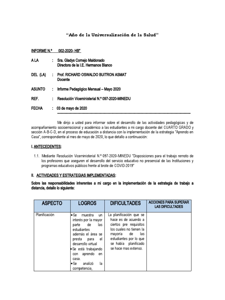 Informe Del Docente Al Director | PDF | Modificación de comportamiento | Cognición