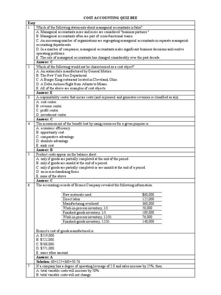 Cost Accounting Quiz Bee Easy | Download Free PDF | Cost Of Goods Sold ...