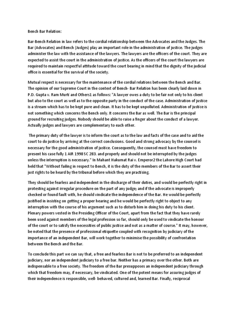 Bench Bar Relation | PDF | Lawyer | Advocate