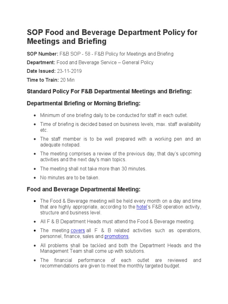 SOP Food and Beverage Department Policy For Meetings and Briefing | PDF