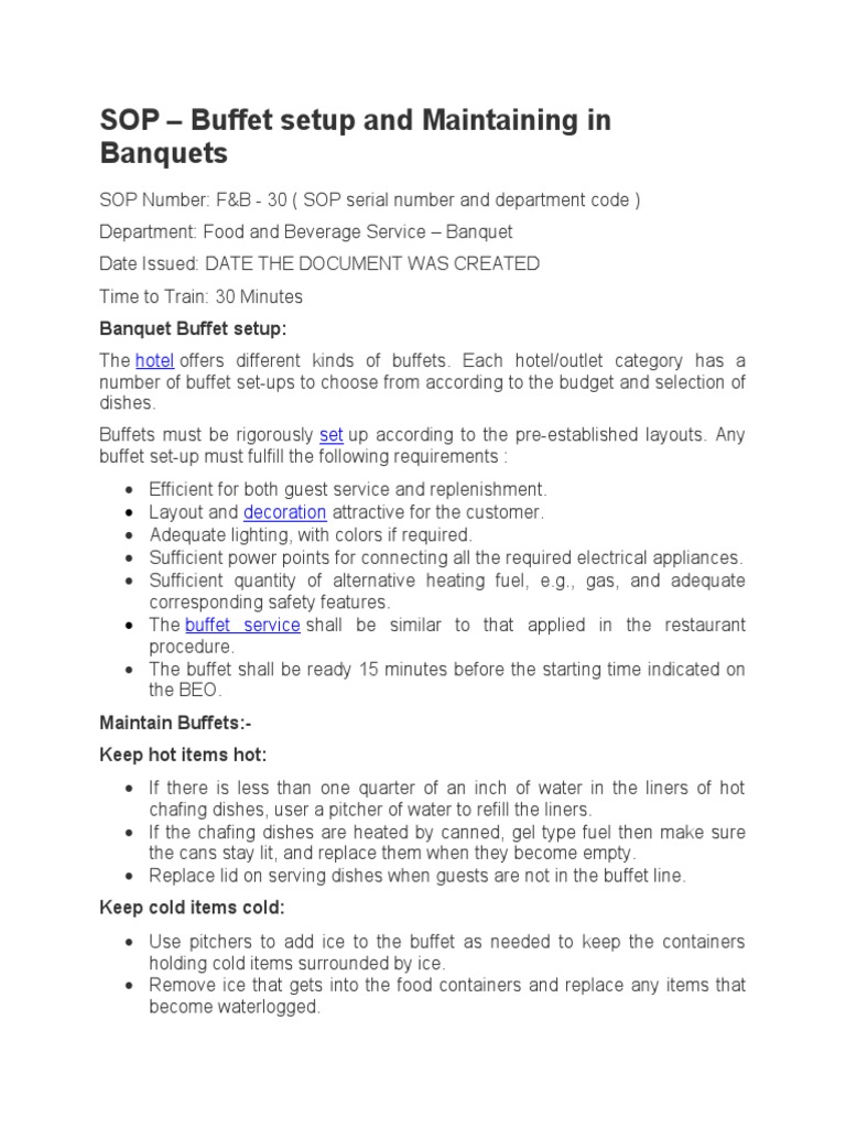 Buffet Setup and Maintenance SOP | PDF | Buffet | Kitchen Utensil