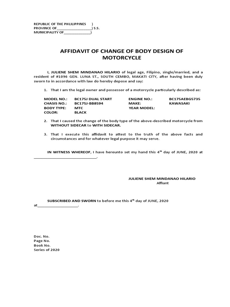 Affidavit of Change of Body Design of Motorcycle | PDF