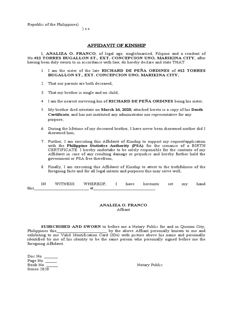 Affidavit of Kinship Sample | PDF