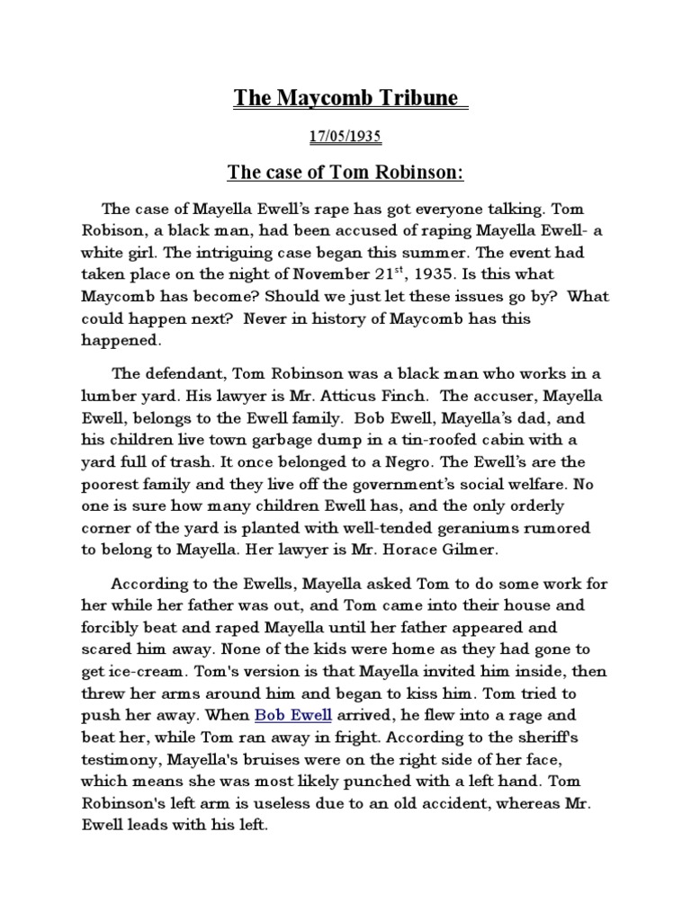The Maycomb Tribune: The Case of Tom Robinson | PDF | To Kill A ...