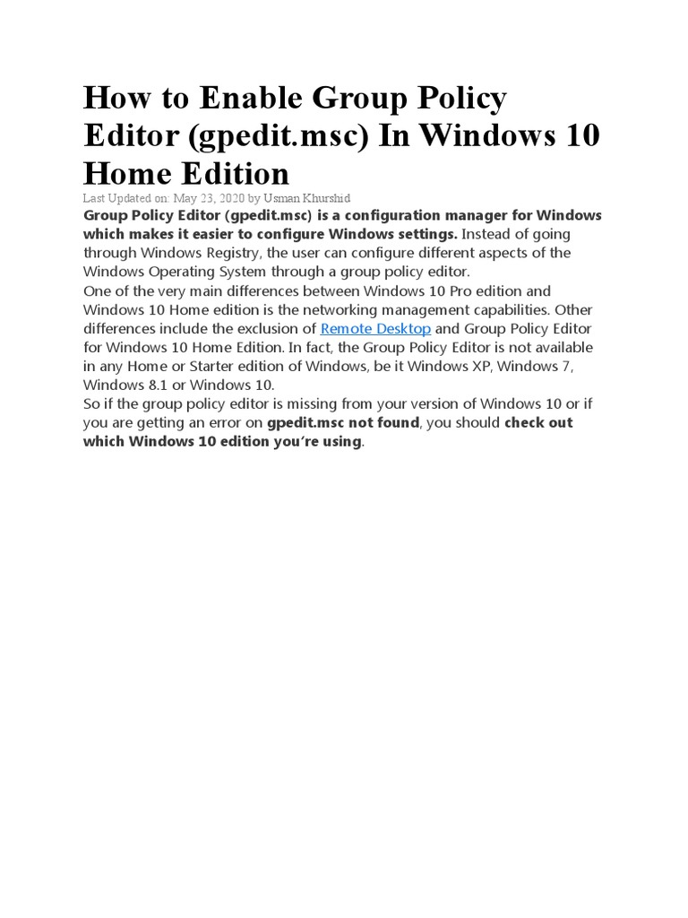 How To Enable Group Policy Editor (Gpedit - MSC) in Windows 10 Home ...